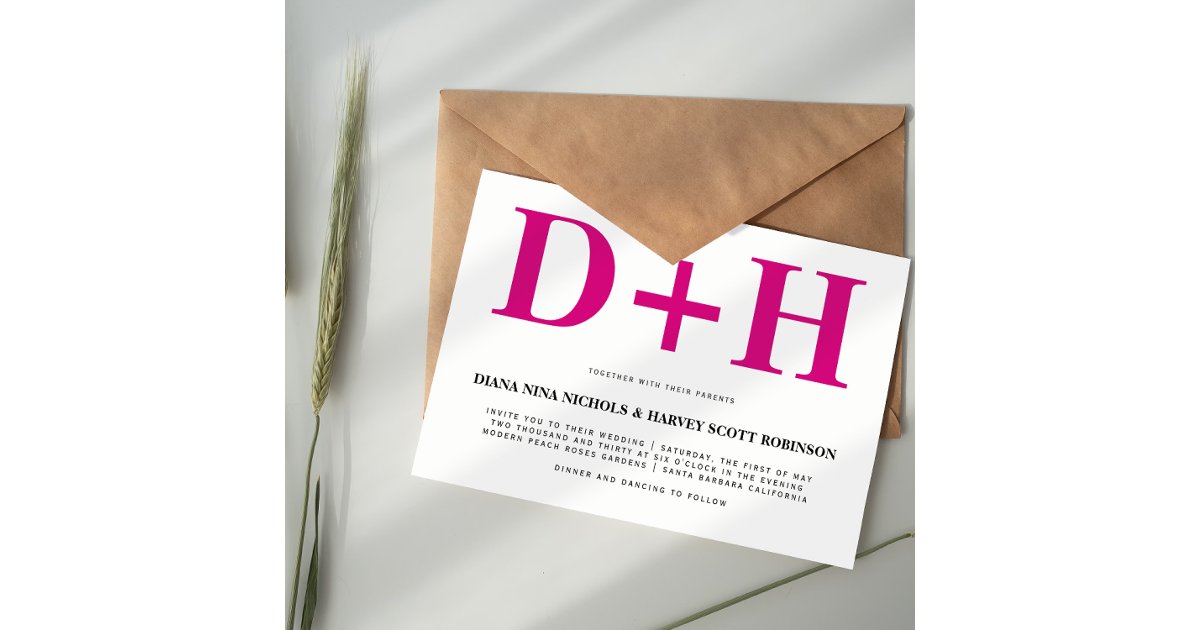 Magenta pink initials bold typography wedding invitation | Zazzle