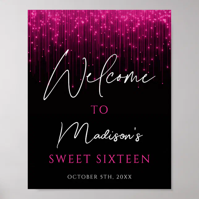 Magenta Pink Lights Black Sweet 16 Welcome Poster | Zazzle