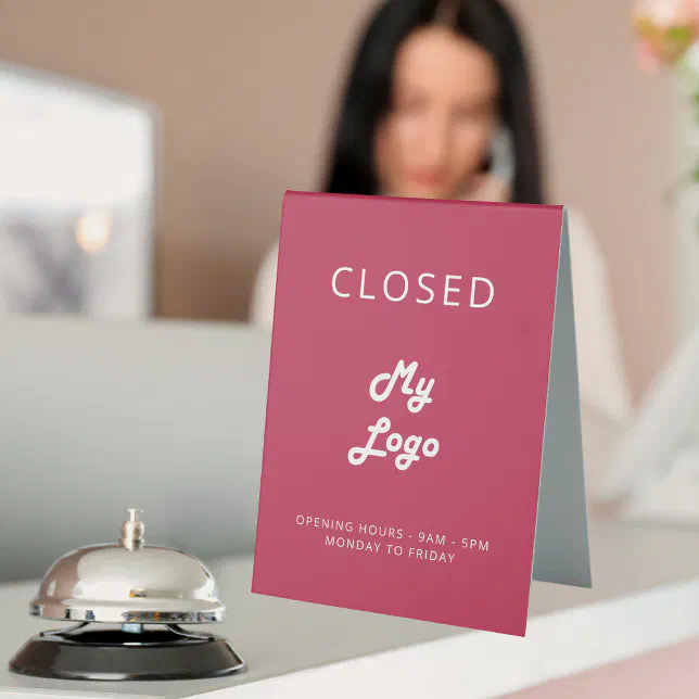 Magenta pink logo business open closed table tent sign | Zazzle