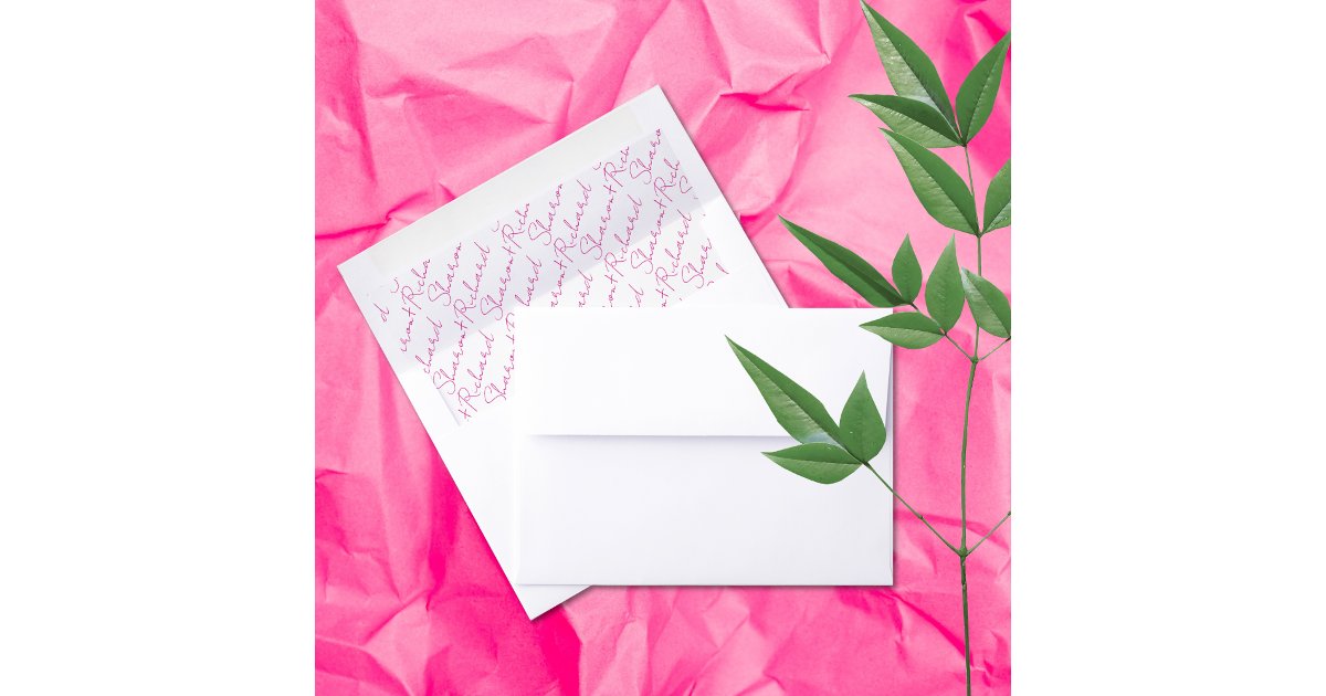 Magenta pink names calligraphy wedding envelope liner | Zazzle