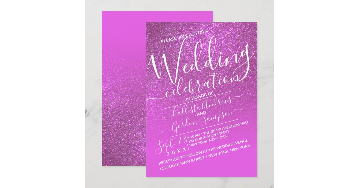 Magenta Pink Sparkly Glitter Ombre Wedding Invitation | Zazzle