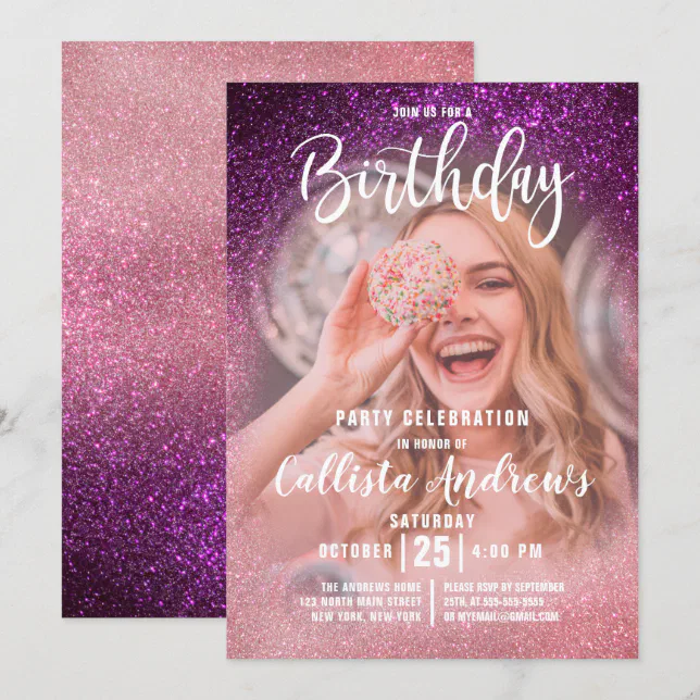 Magenta Pink Triple Glitter Ombre Photo Birthday Invitation | Zazzle