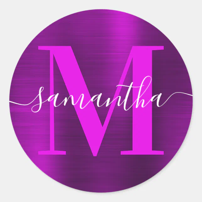 Magenta Purple Modern Signature Monogram Foil Classic Round Sticker ...