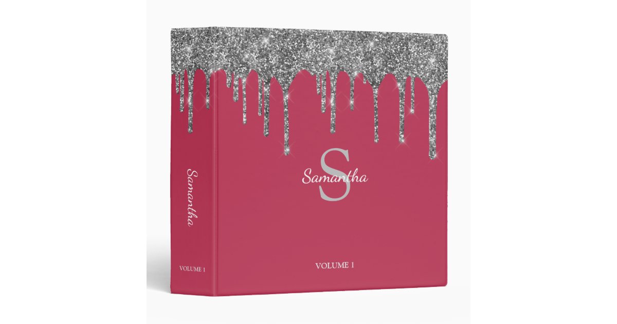 Magenta Silver Glitter Sparkle Drip Monogram Name 3 Ring Binder | Zazzle