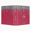 Magenta Silver Glitter Sparkle Drip Monogram Name 3 Ring Binder | Zazzle