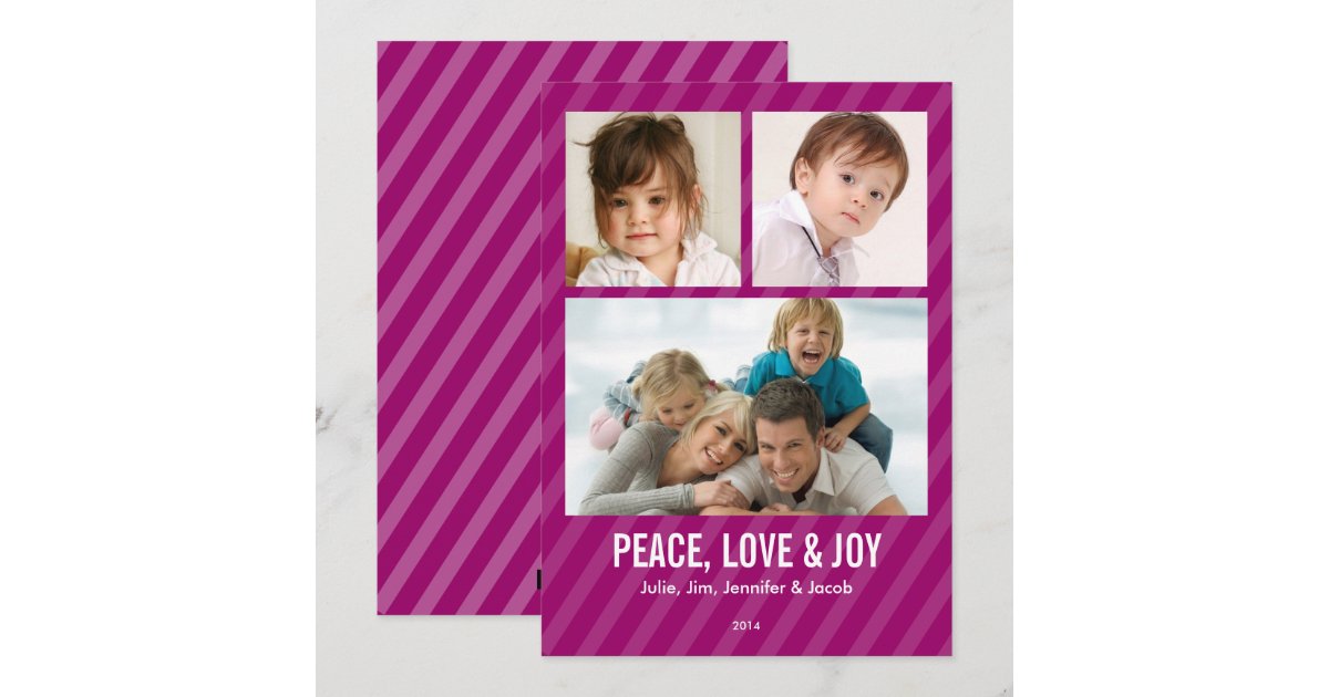 Magenta Stripes Triple Photo Holiday Card | Zazzle