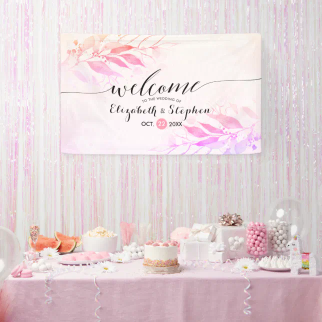 Magenta Watercolor Leaves Floral Wedding Welcome Banner | Zazzle