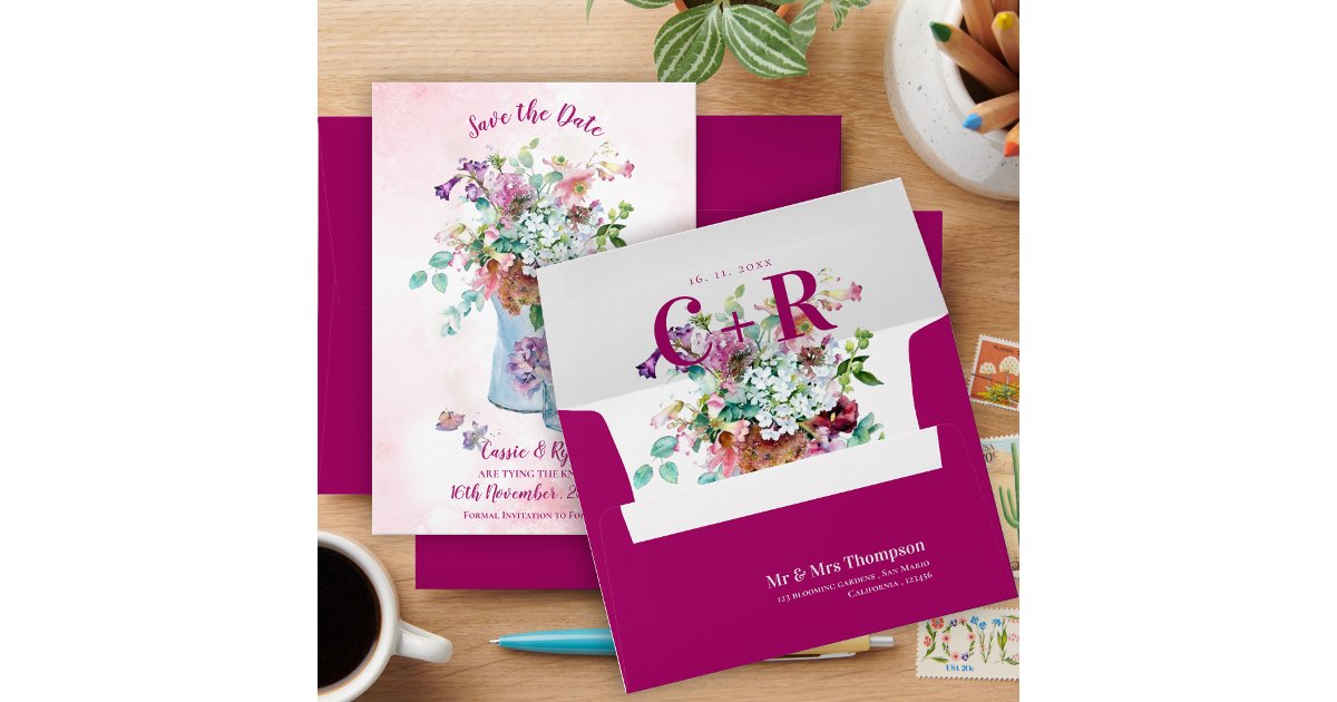 Magenta Wildflower Floral Monogram Custom Wedding Envelope | Zazzle