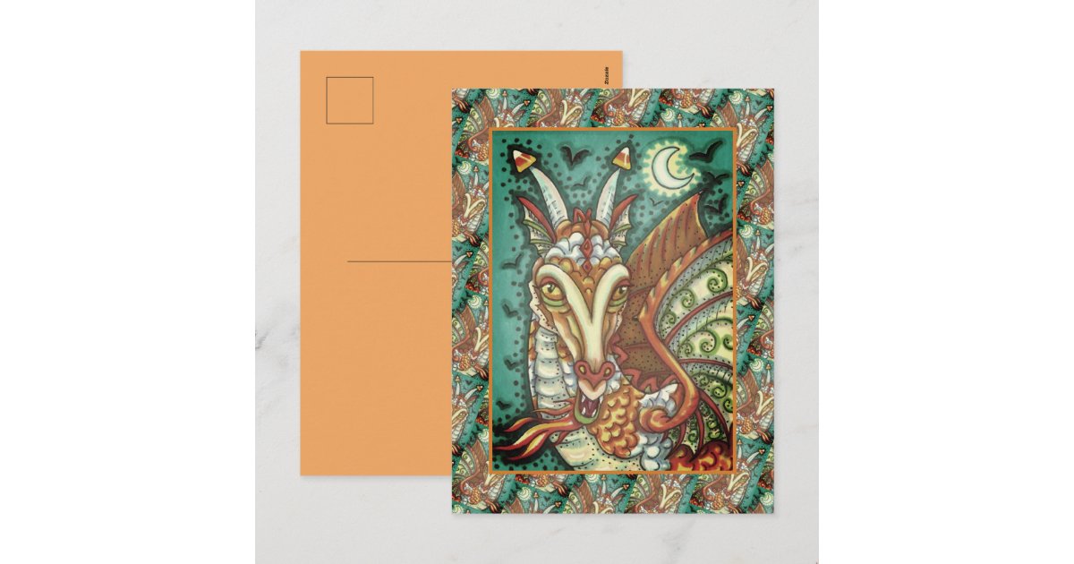 MAGIC CANDY CORN DRAGON, HALLOWEEN FANTASY BEAST HOLIDAY POSTCARD | Zazzle