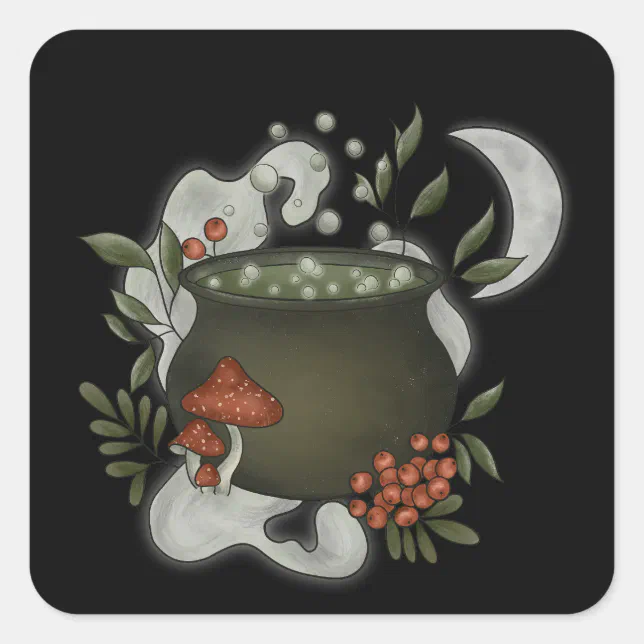 Magic Cauldron with Rowan Potion Square Sticker | Zazzle