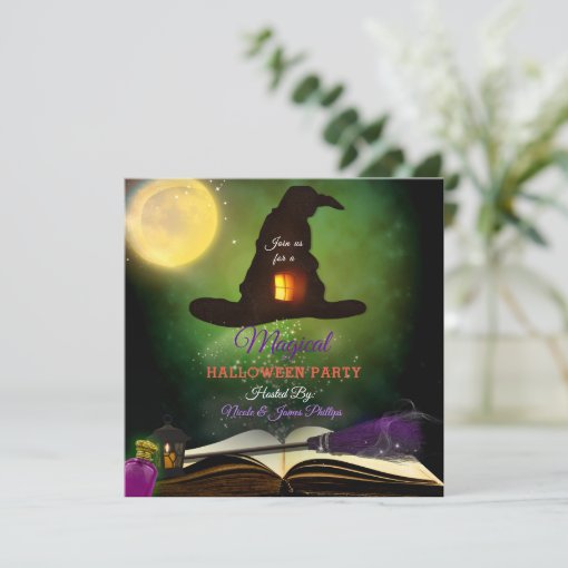 Magic Hat & Magical Spell Book Whimsical Fun Party Invitation | Zazzle