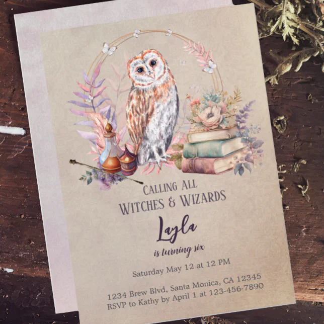 Magic Owl Girl Wizard Birthday Invitation | Zazzle