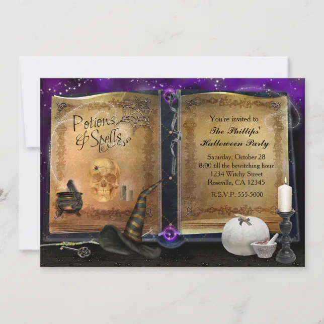MAGIC SPELL BOOK Halloween Witch Invitation #2 | Zazzle