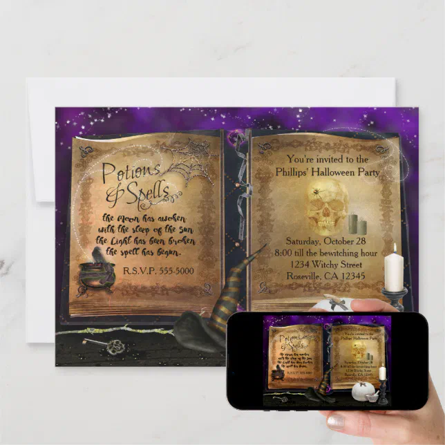 MAGIC SPELL BOOK Halloween Witch Party Invitation | Zazzle