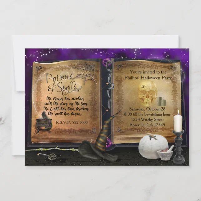 MAGIC SPELL BOOK Halloween Witch Party Invitation | Zazzle