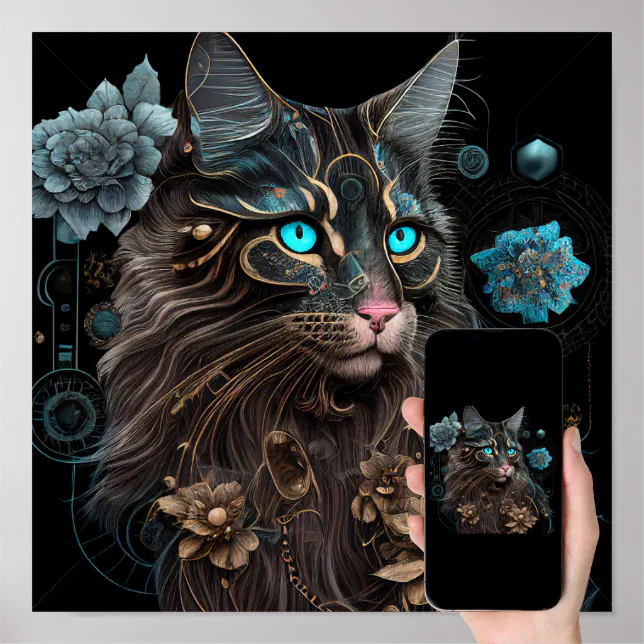 Magic steampunk Maine Coon cat and flowers AI art Poster | Zazzle