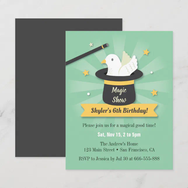 Magic Wand and Dove Magician Kids Birthday Party Invitation | Zazzle