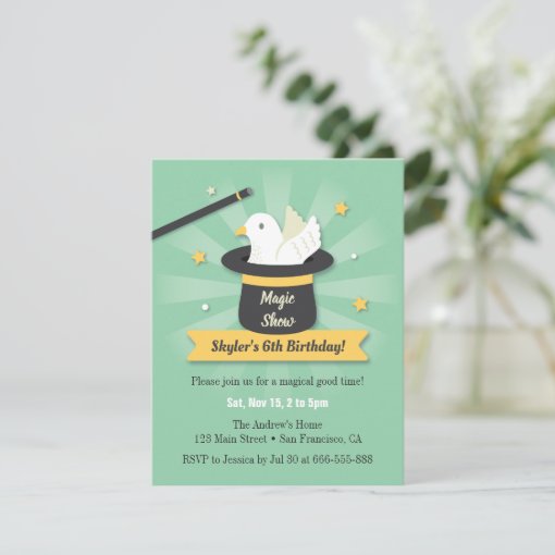 Magic Wand and Dove Magician Kids Birthday Party Invitation | Zazzle
