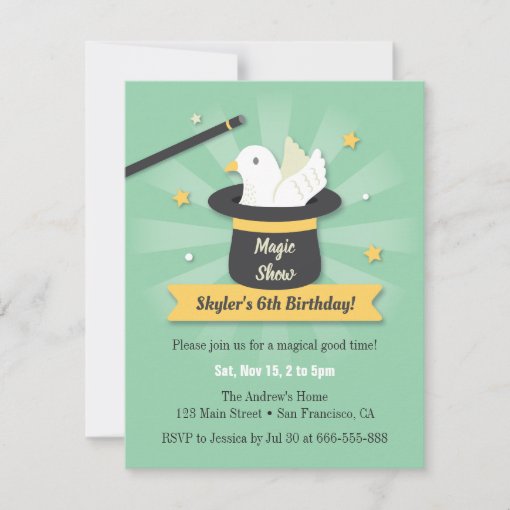 Magic Wand and Dove Magician Kids Birthday Party Invitation | Zazzle