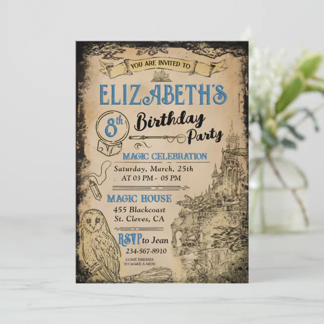Magic Wizard Witch Blue Birthday Party Invitation | Zazzle