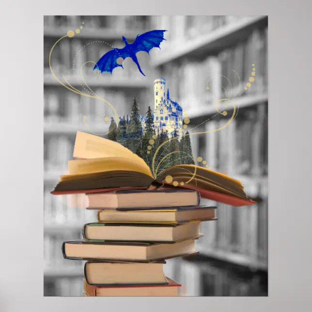 Magical books with dragon and castle poster | Zazzle