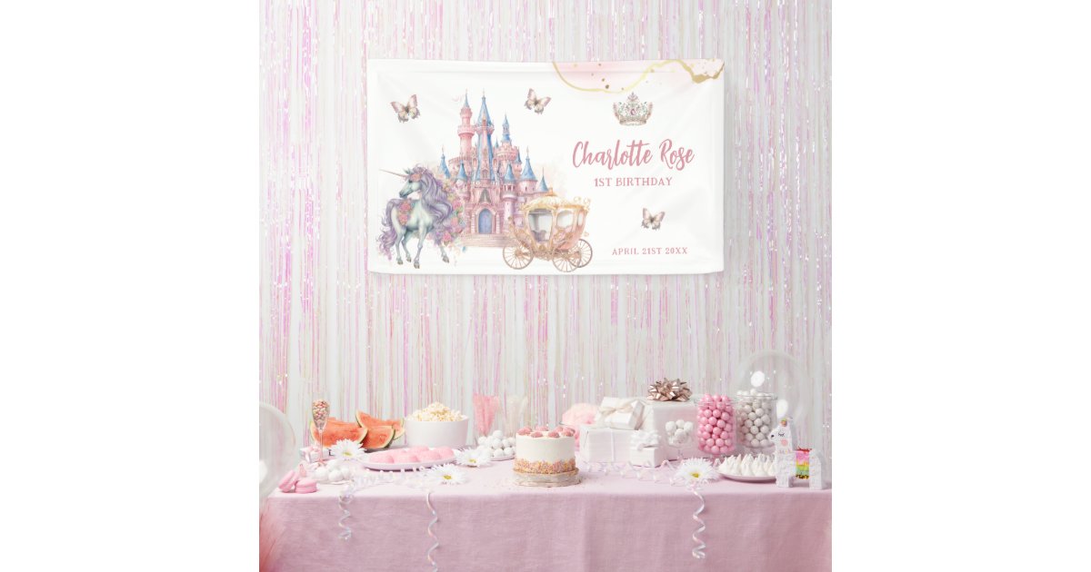 Magical Castle Unicorn Pink Princess 1st Birthday Banner | Zazzle