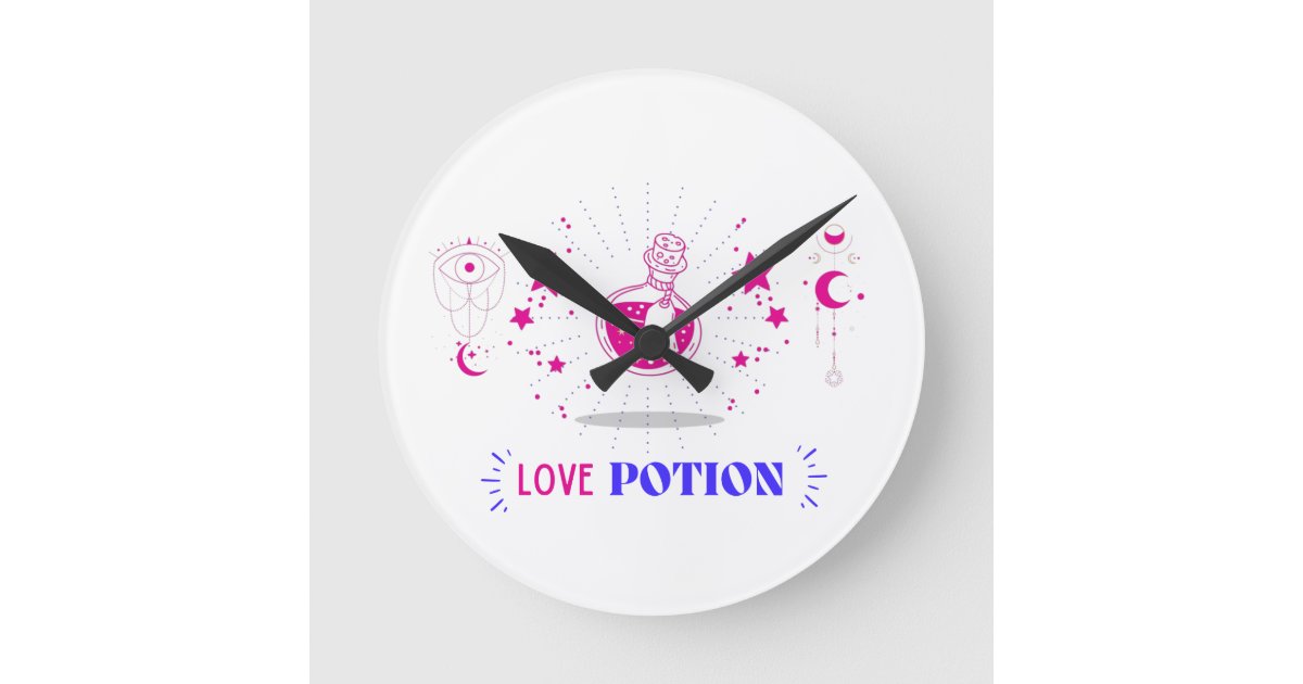 Magical celestial colored 'Love Potion' design Round Clock | Zazzle