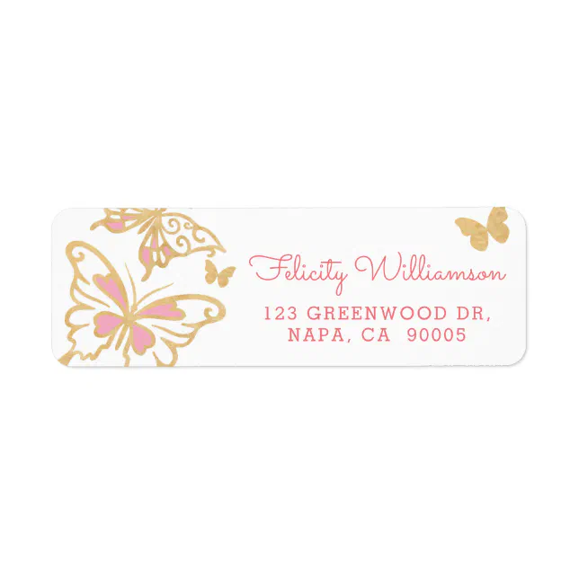Magical Chic Pretty Cute Gold and Pink Butterflies Label | Zazzle