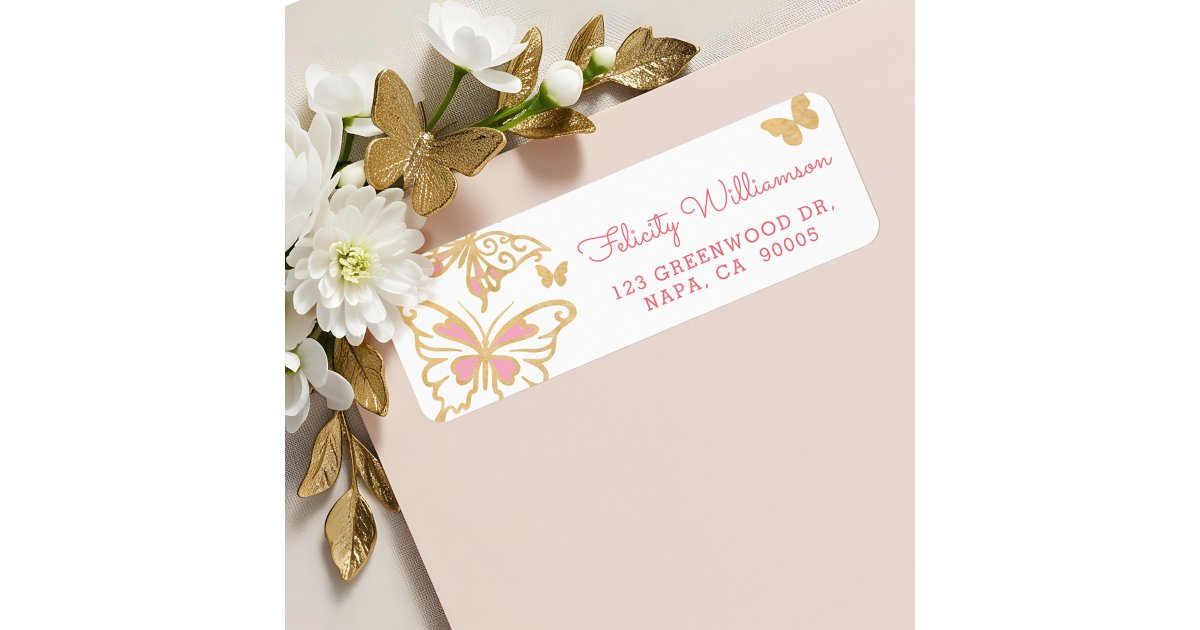 Magical Chic Pretty Cute Gold and Pink Butterflies Label | Zazzle