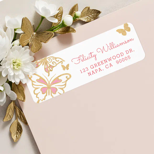 Magical Chic Pretty Cute Gold and Pink Butterflies Label | Zazzle