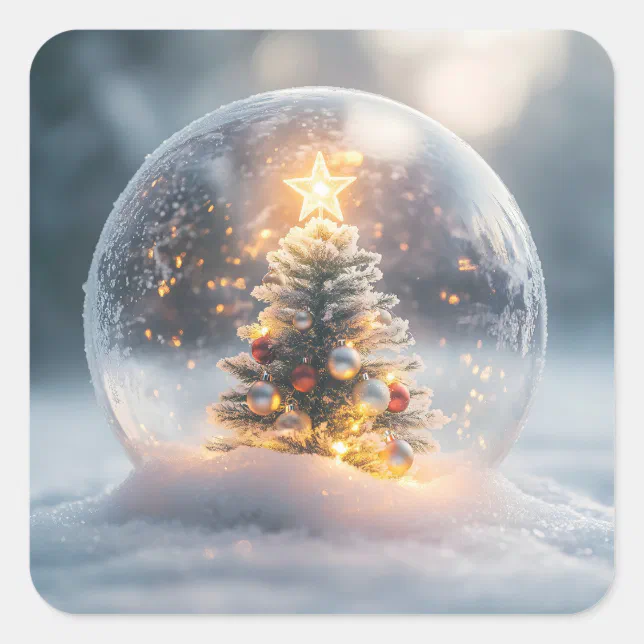 Magical Christmas Snow Globe with Glowing Tree Square Sticker | Zazzle