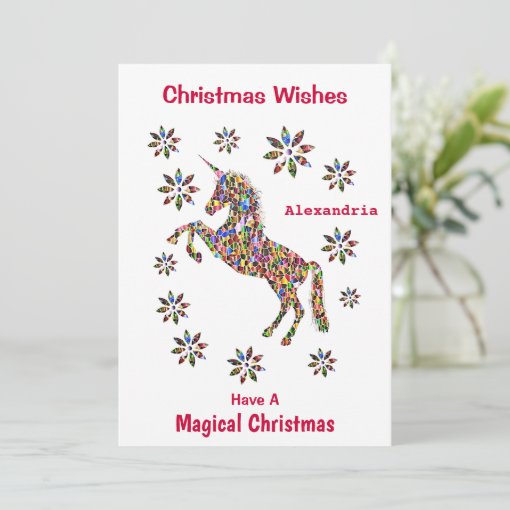 Magical Christmas Wishes Unicorn Personalize Holiday Card | Zazzle
