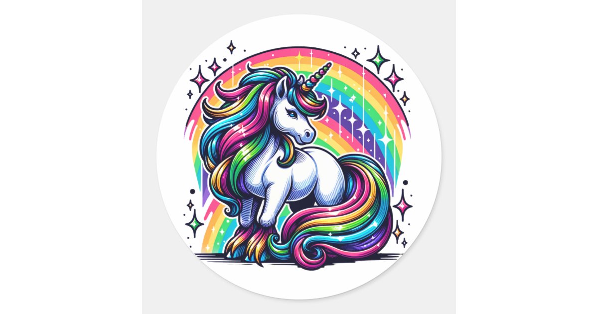 Magical Colorful Unicorn and Rainbow Sparkles Classic Round Sticker ...