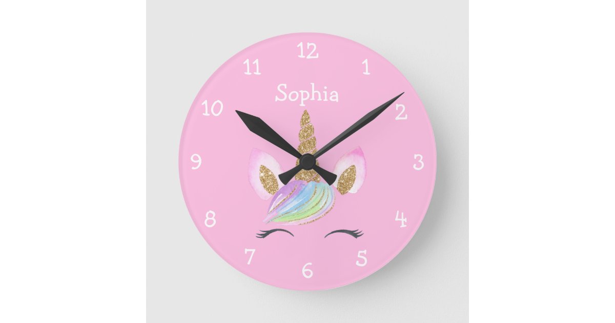 Magical Cute Unicorn Rainbow Personalized Girl Round Clock | Zazzle