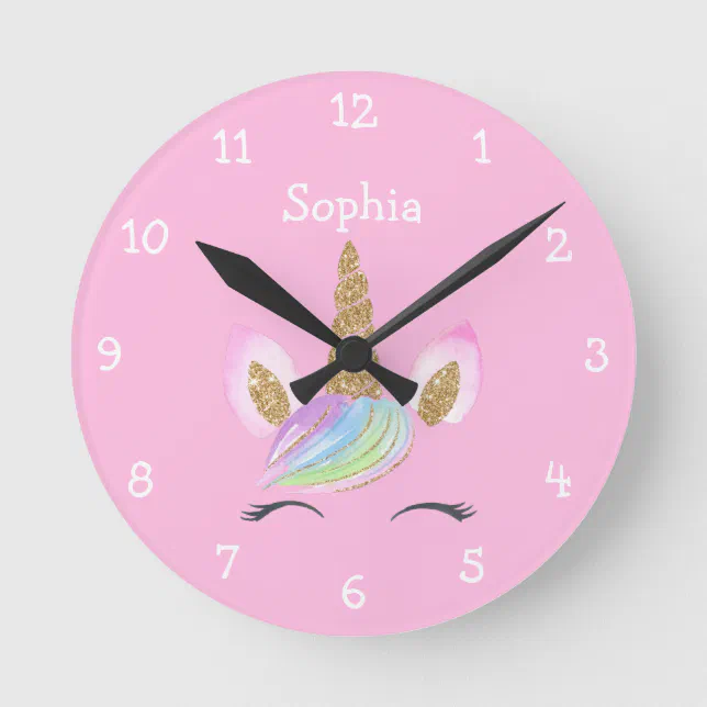 Magical Cute Unicorn Rainbow Personalized Girl Round Clock | Zazzle