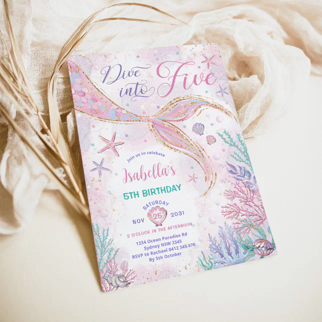 Magical Dive into Five Mermaid 5th Birthday Party Invitation | Zazzle