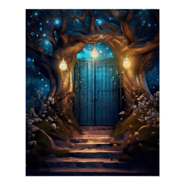 Magical Enchanted Fantasy Forest Old Blue Door Poster | Zazzle