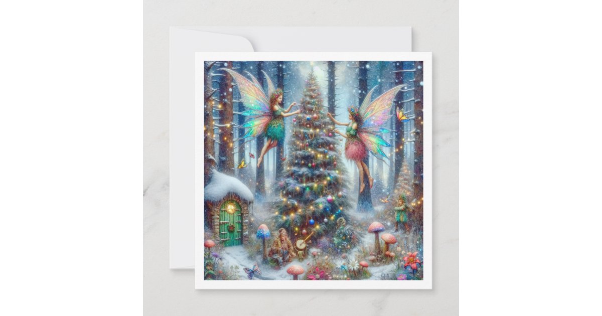 Magical Fairies and Elves Christmas Tree Card | Zazzle