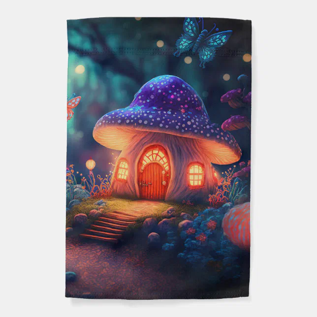 Magical Fairy Garden Butterflies Mushroom Cottages Flag | Zazzle