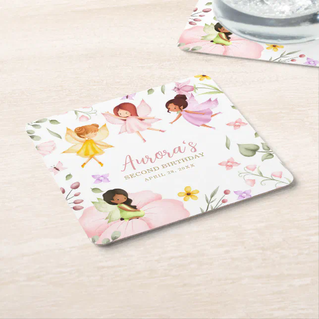 Magical Fairy Princess Enchanted Garden Birthday Square Paper Coaster ...