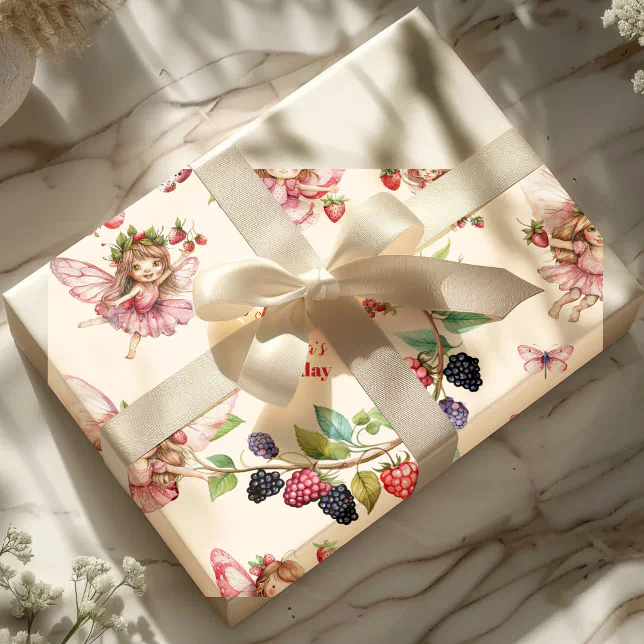 Magical Fairy Strawberry Garden Pixie 1st Birthday Wrapping Paper | Zazzle