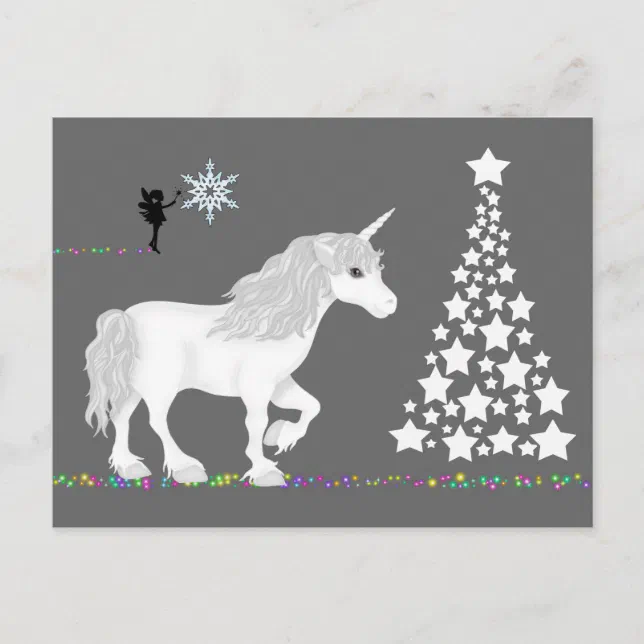 Magical Fantasy Unicorn, Fairy and Christmas Tree Holiday Postcard | Zazzle
