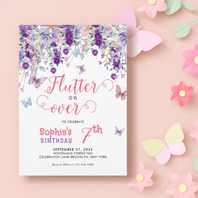 Magical Flutter on Over Floral Butterfly Birthday Invitation | Zazzle