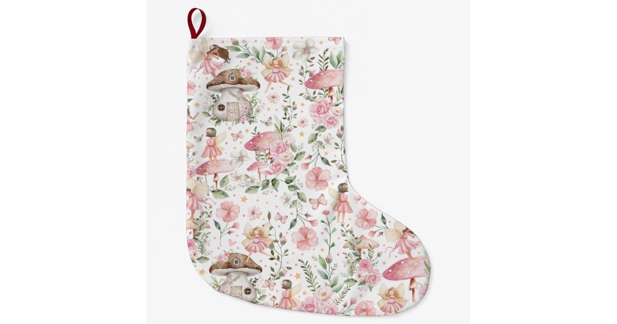 Magical Forest Fairy Pink Floral Garden Large Christmas Stocking | Zazzle
