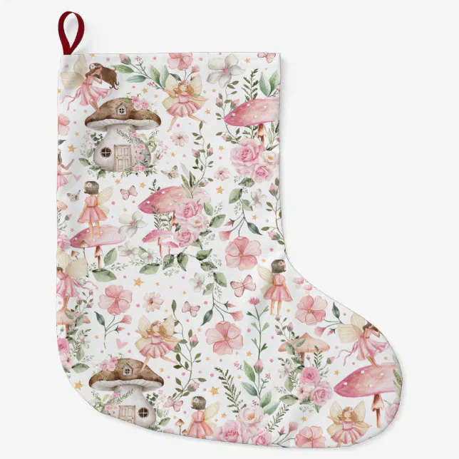 Magical Forest Fairy Pink Floral Garden Large Christmas Stocking | Zazzle