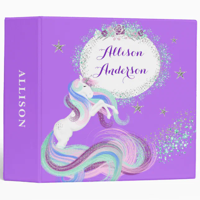Magical Glittery Stars Unicorn School 3 Ring Binder | Zazzle