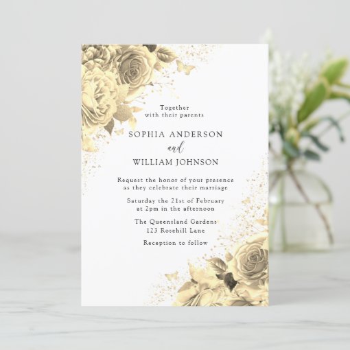 Magical Gold Flowers with Glitter Elegant Wedding Invitation | Zazzle