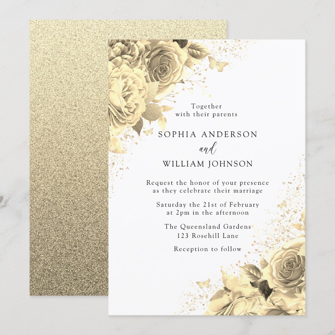 Magical Gold Flowers with Glitter Elegant Wedding Invitation | Zazzle
