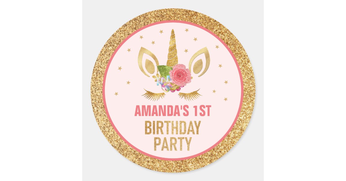 Magical Gold Glitter Unicorn Face Birthday Party Classic Round Sticker ...