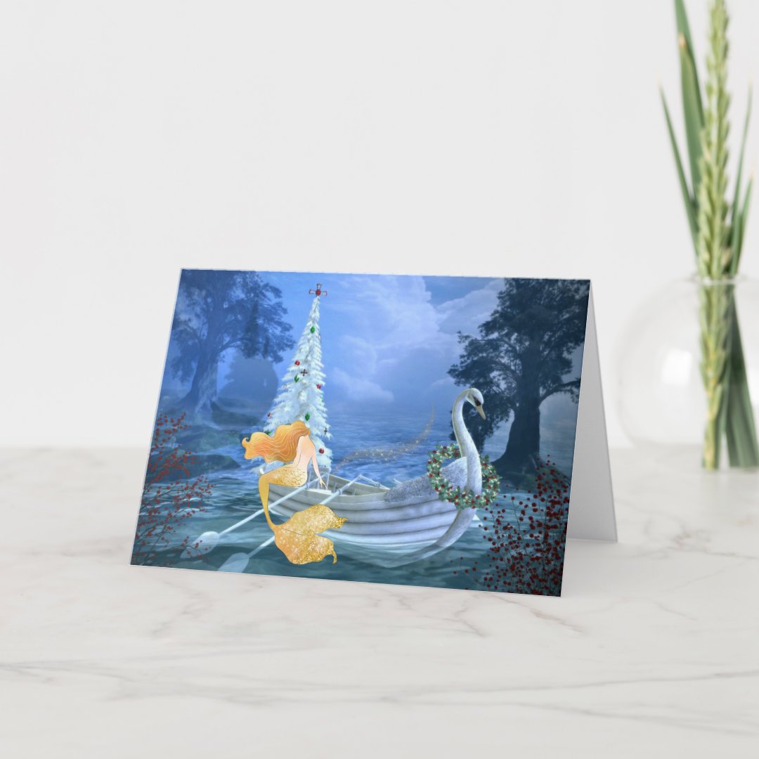 Magical Mermaid, Swan Boat and Christmas Tree Holiday Card | Zazzle